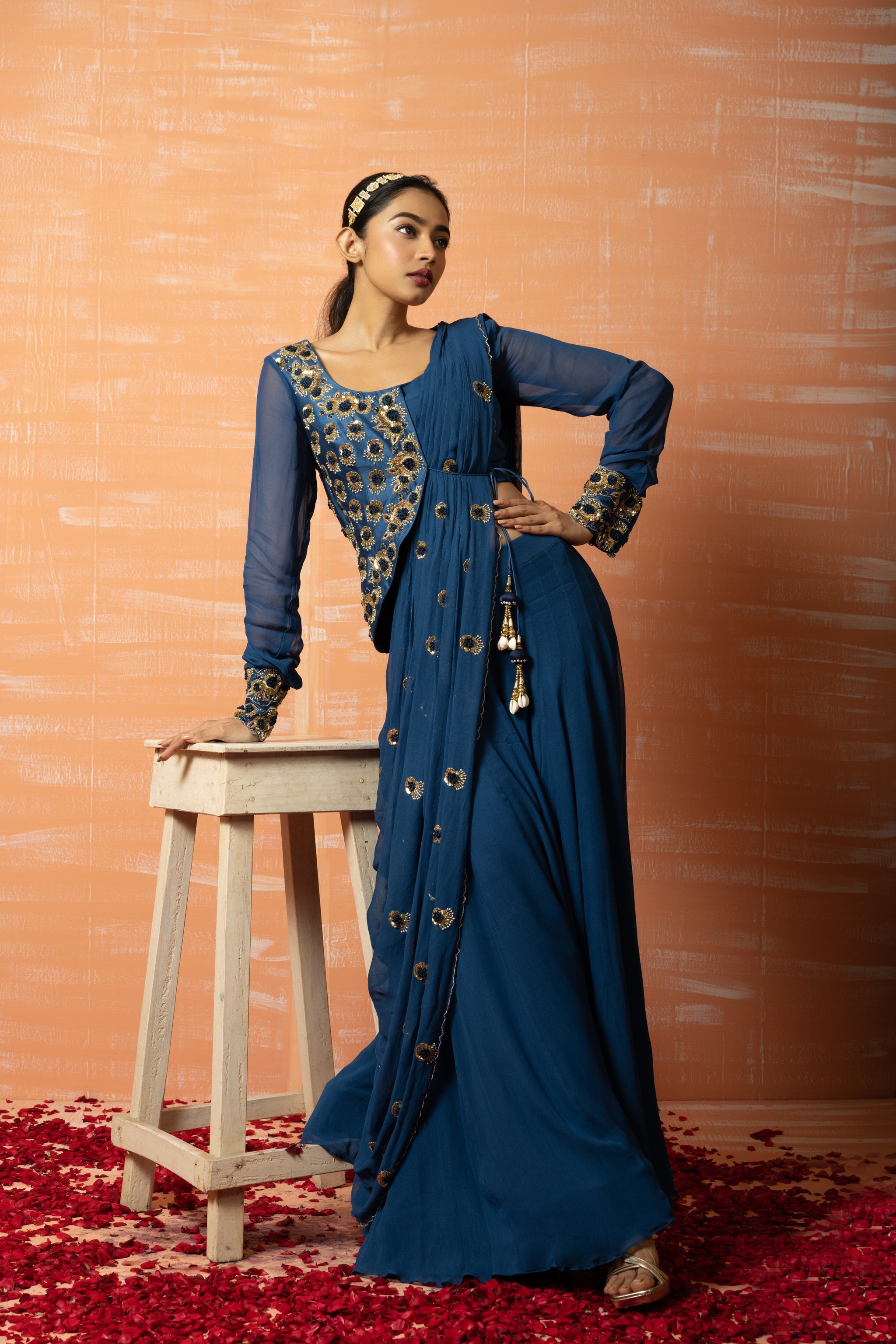 Blue Hand-Embroidered Jacket Sharara Saree Set